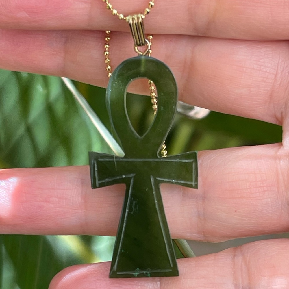 Carved Natural Nephrite Jade Egyptian Ankh & 18k Gold… - Gem